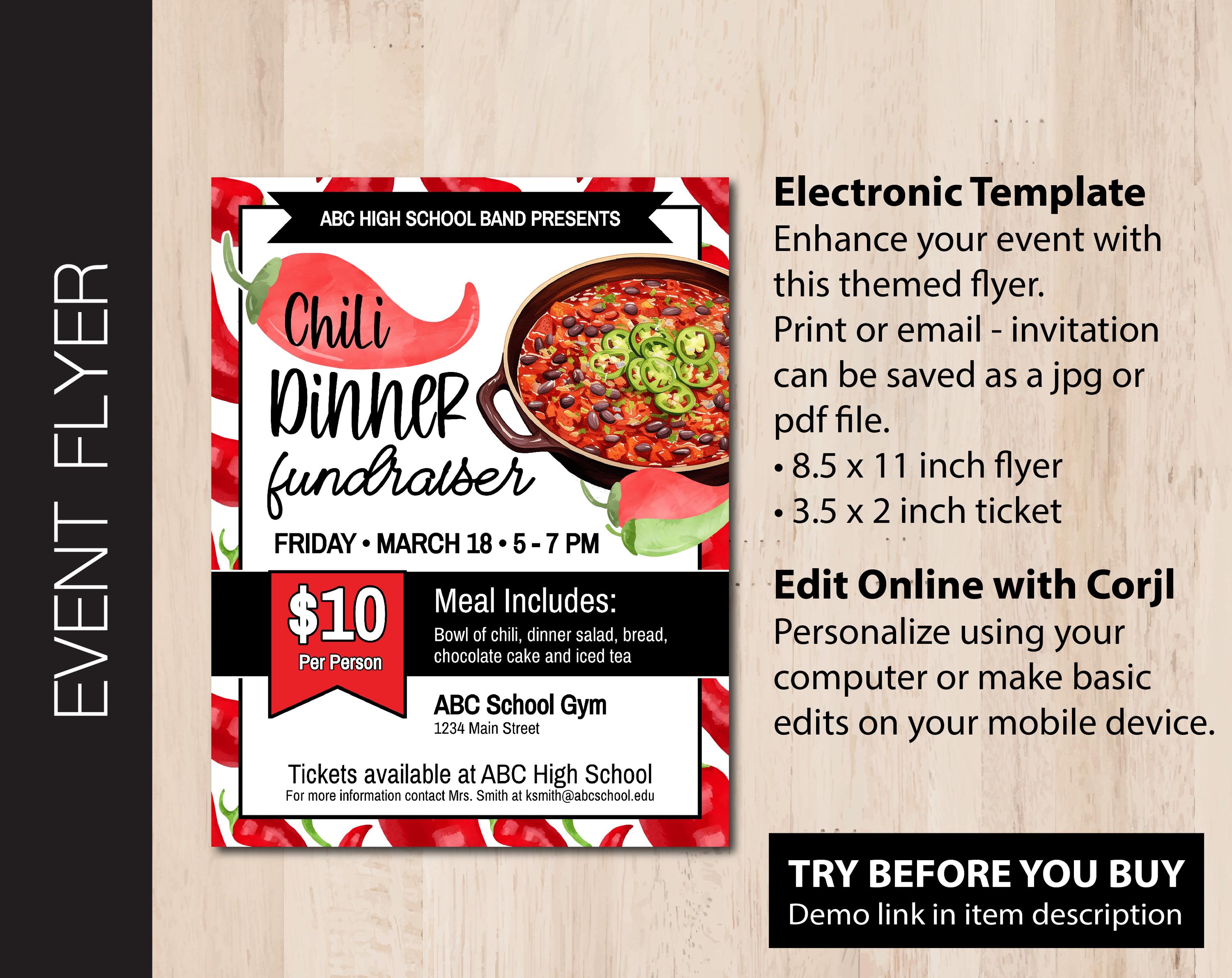 Editable Chili Dinner Fundraiser Flyer | Custom Chili Dinenr ...