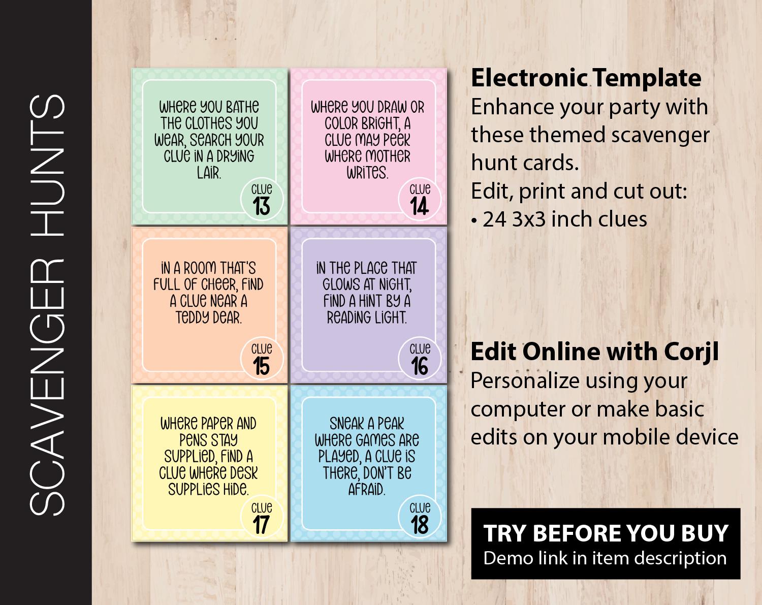 24 Editable Indoor Scavenger Hunt Clue Card | Custom Treasure Hunt ...