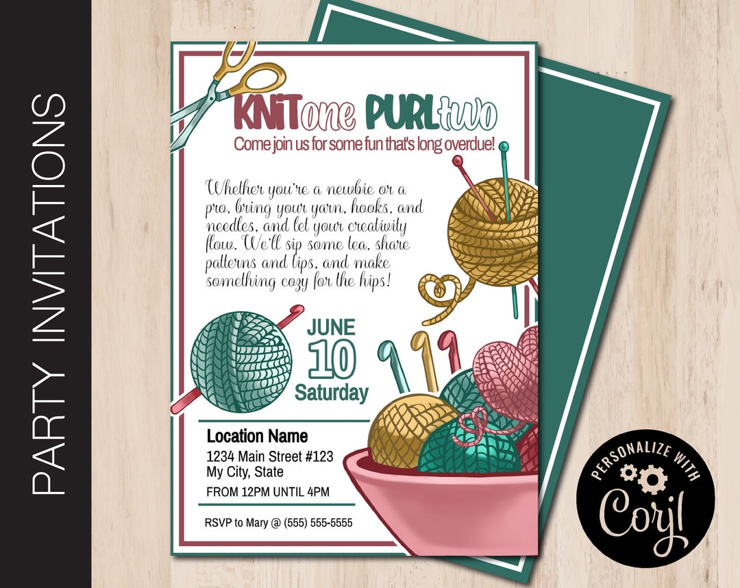 Editable KNITTING CLUB Party Invitation Crochet Club Invite Sewing ...
