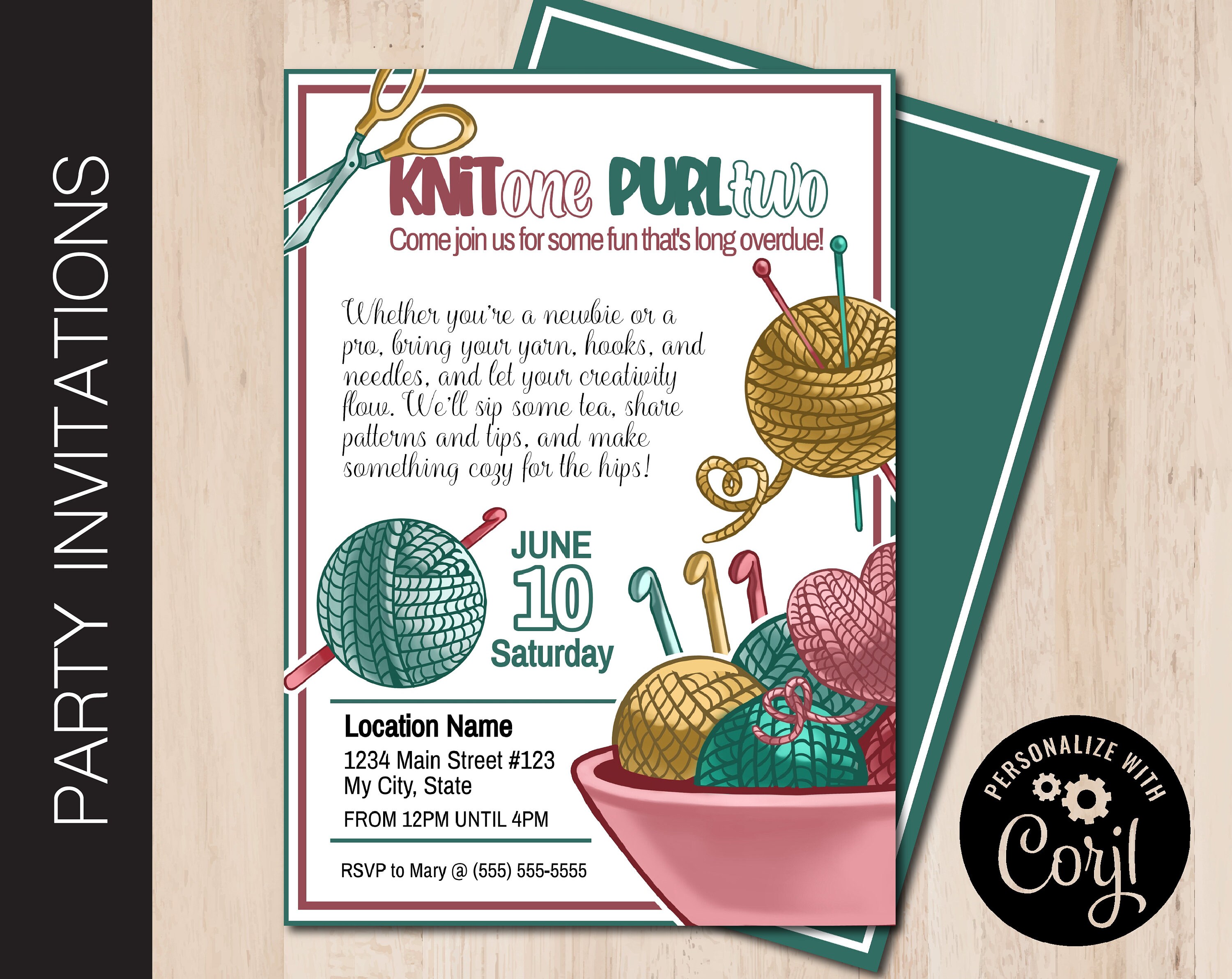 Editable KNITTING CLUB Party Invitation Crochet Club Invite Sewing ...