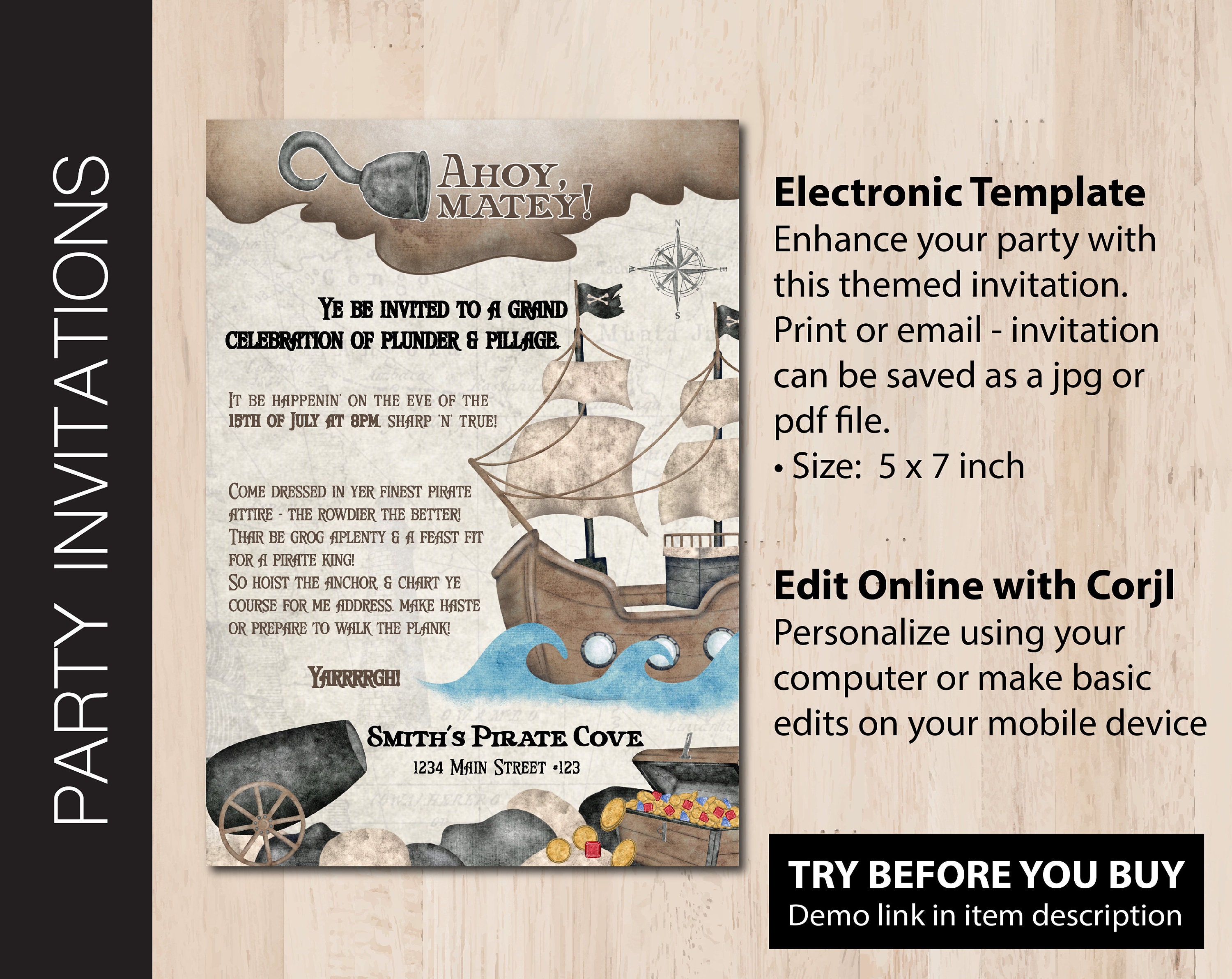 Editable PIRATE PARTY Invitation Plunder Party Adult Party Invite Ahoy ...