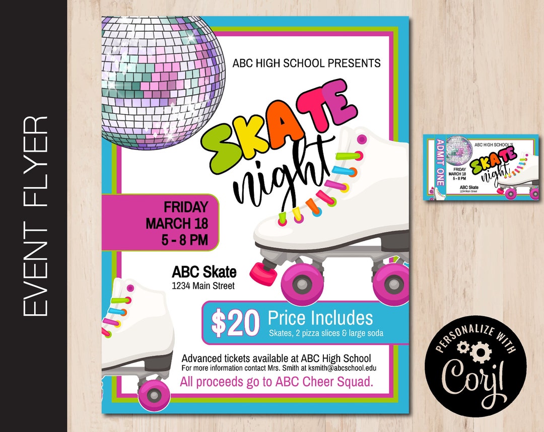 Editable Skate Night Fundraiser Flyer | Custom Roller Skate Night ...