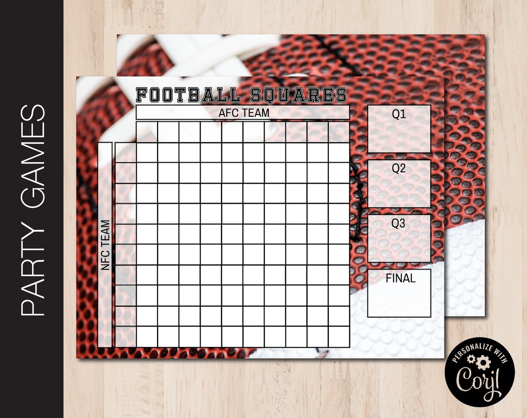 Printable FOOTBALL Squares Football Boxes Game 8 X 10 Inch 100 Squares ...