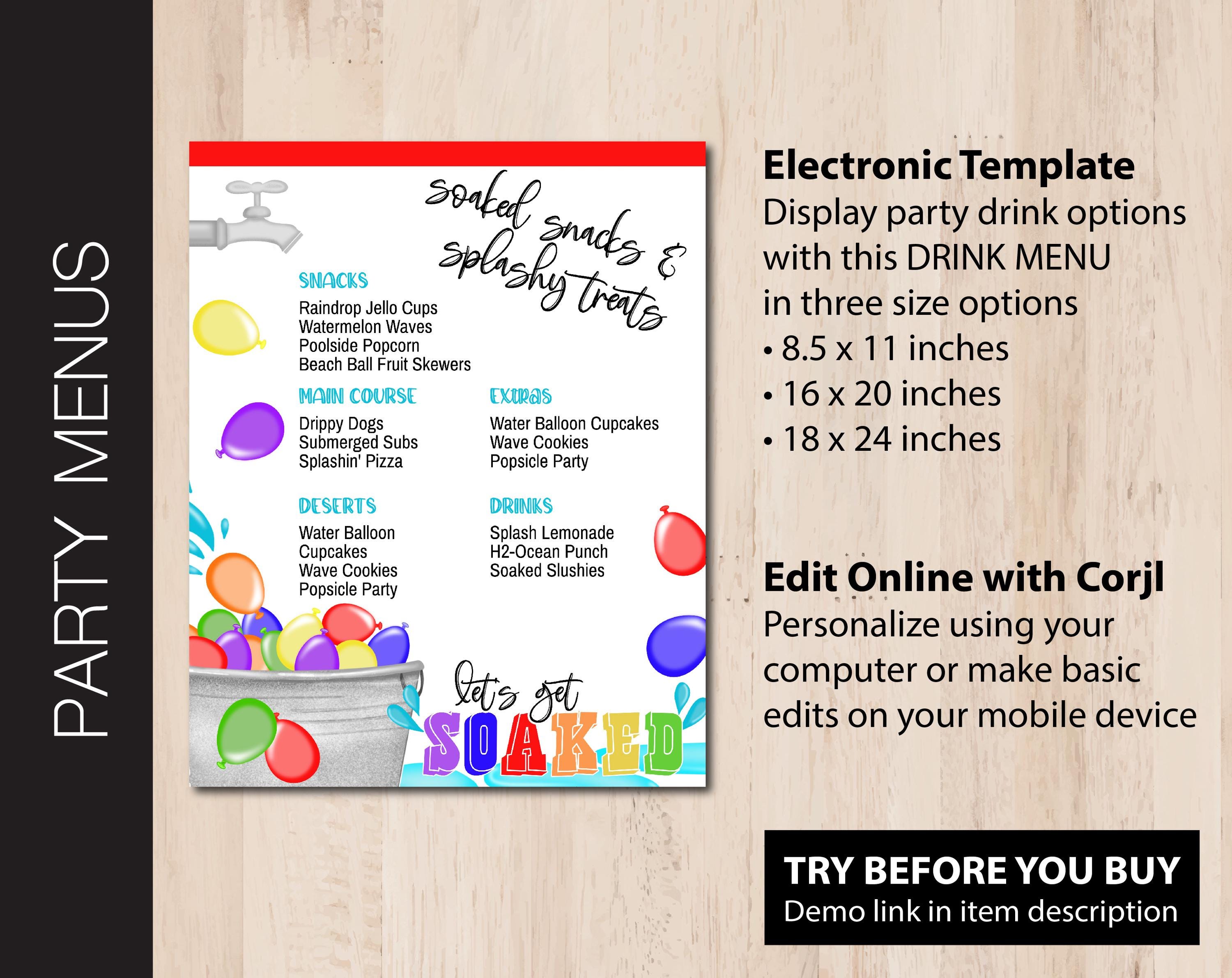 Editable SOAKED WATER Party Menu | Food Menu | Drink Sign | Concessions ...