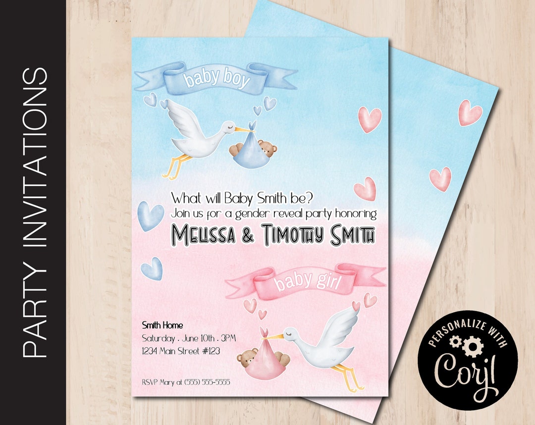 Editable Storks Baby GENDER REVEAL Party Invitation | Reveal Party ...