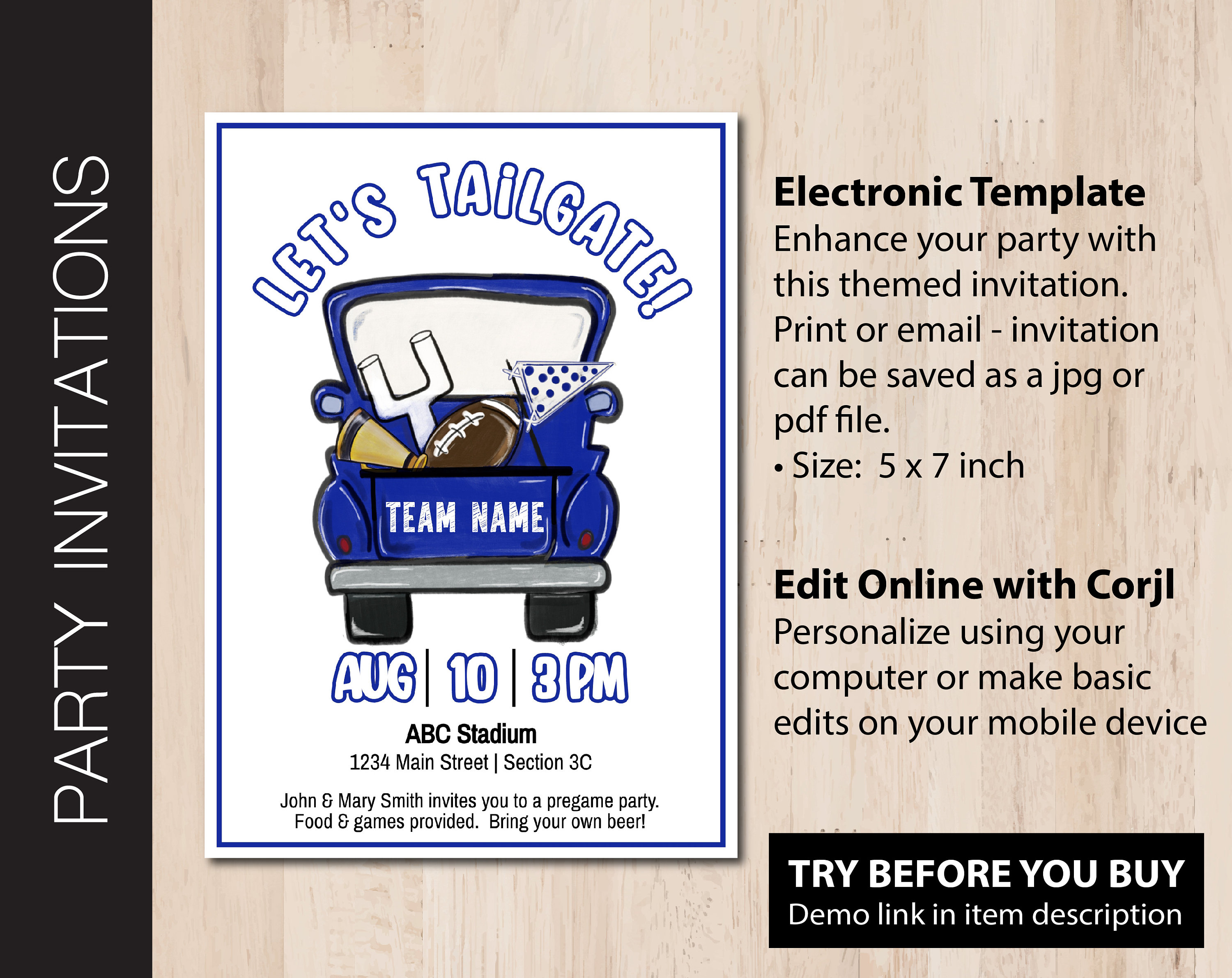 Editable TAILGATE Party Invitation | Game Day | Football Invite | Blue ...