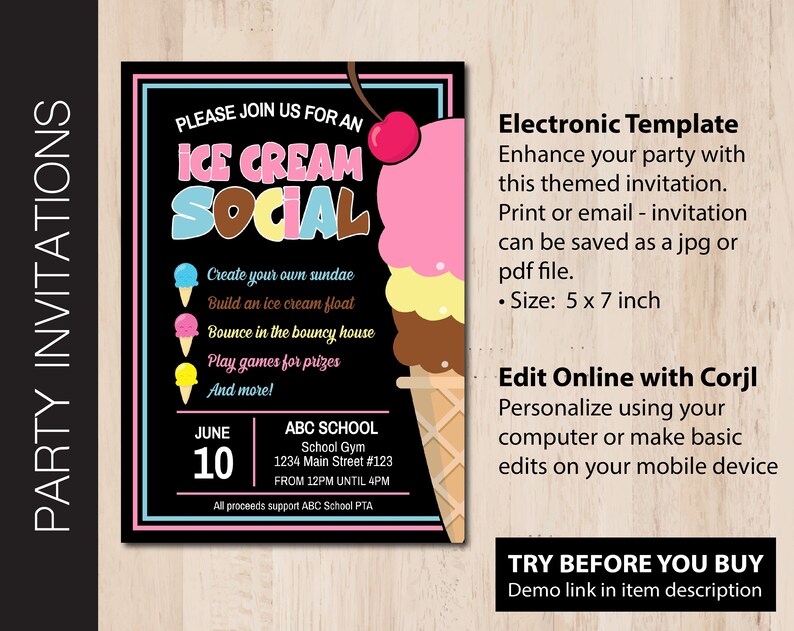 Editable ICE CREAM Social Party Invitation | PTA Fundraiser | Community ...