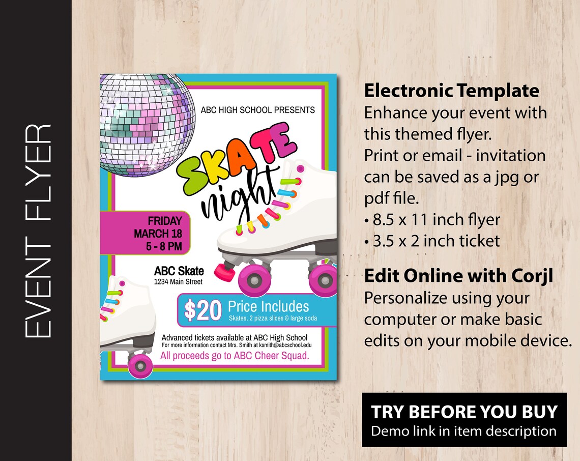 Editable Skate Night Fundraiser Flyer | Custom Roller Skate Night ...
