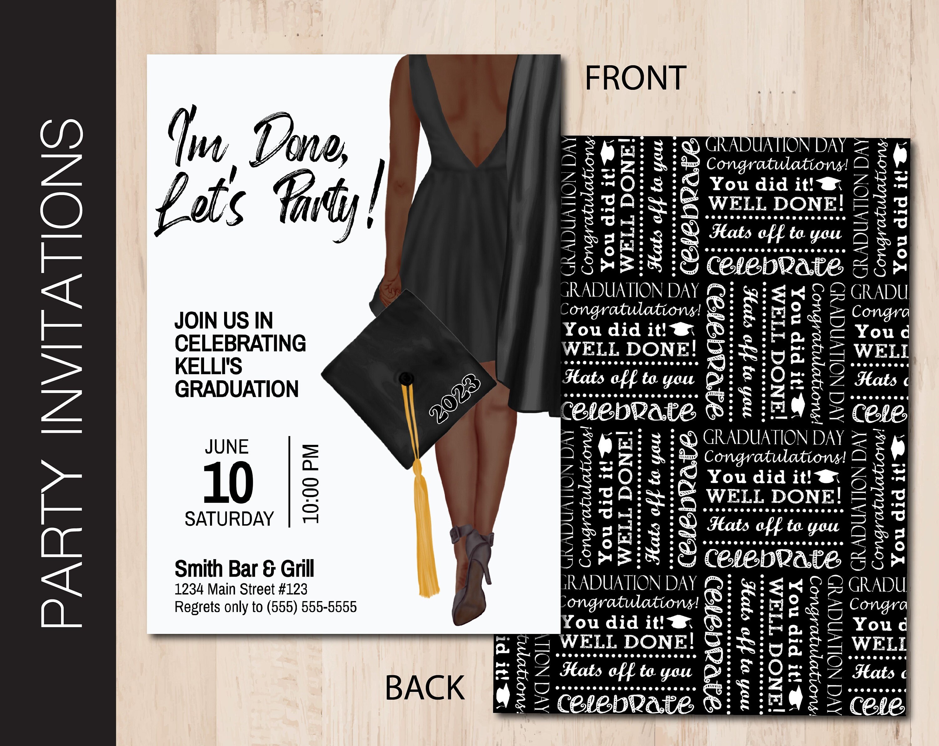 Editable GRADUATION Party Invitation Dark Skin Tone Grad Celebration 7 ...