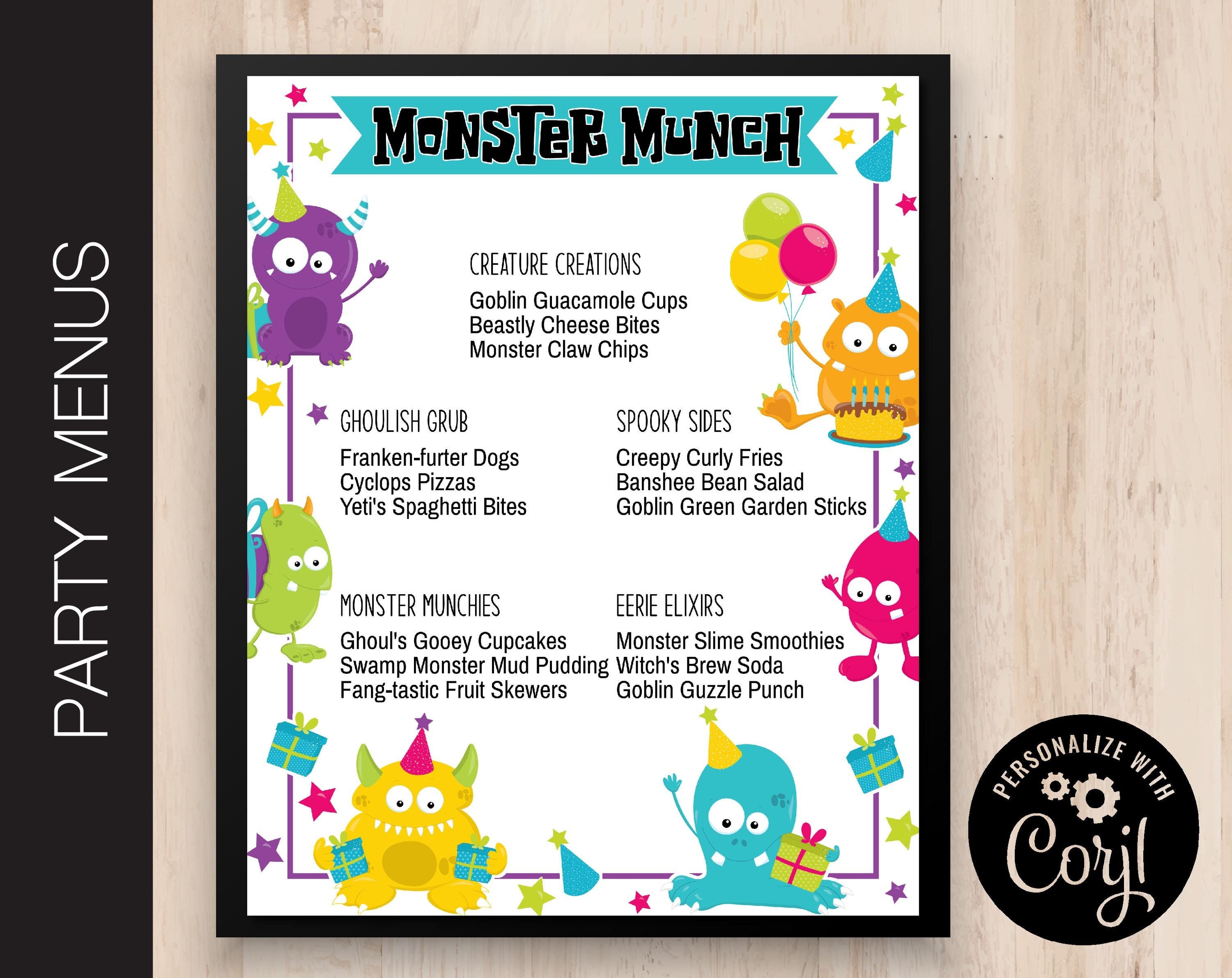 Editable MONSTER Party Menu | Food Menu | Drink Sign | Concessions ...