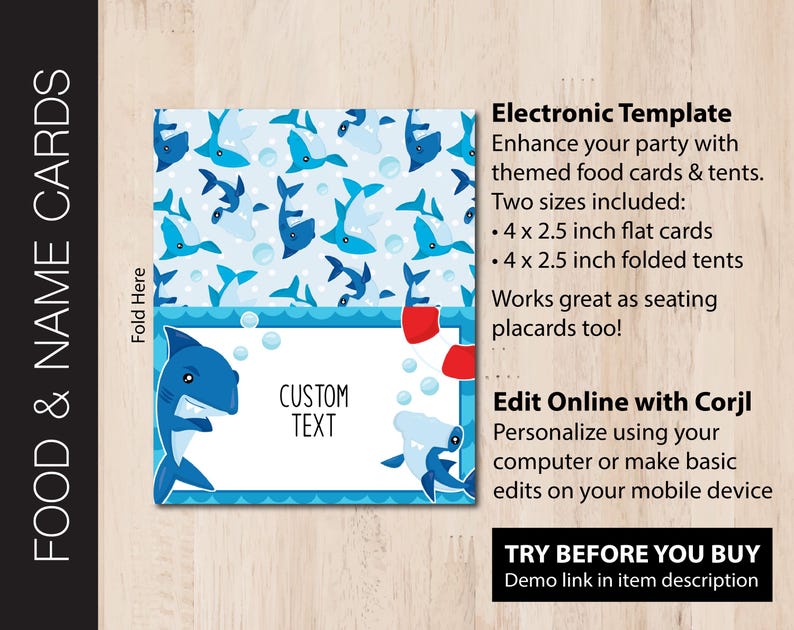 Editable SHARK Birthday Party Food Label Tents | Party Food Placards ...