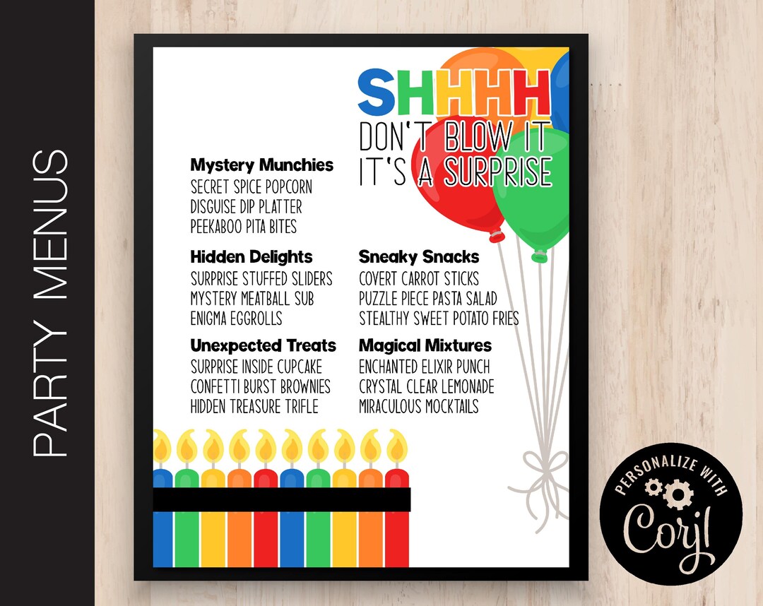 Editable SURPRISE Party Menu | Food Menu | Drink Sign | Concessions ...