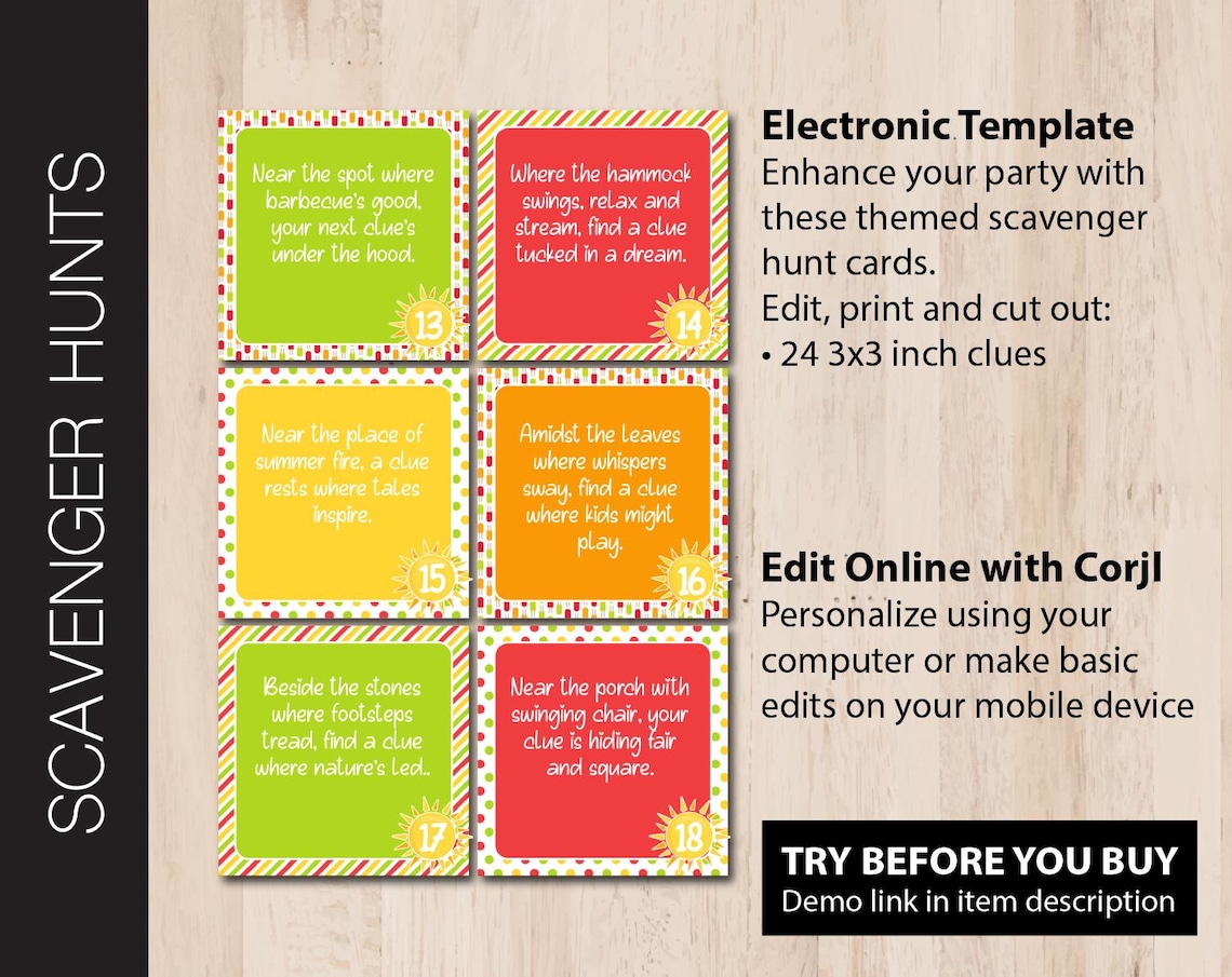 24 Editable Outdoor Scavenger Hunt Clue Card | Summer Custom Treasure ...