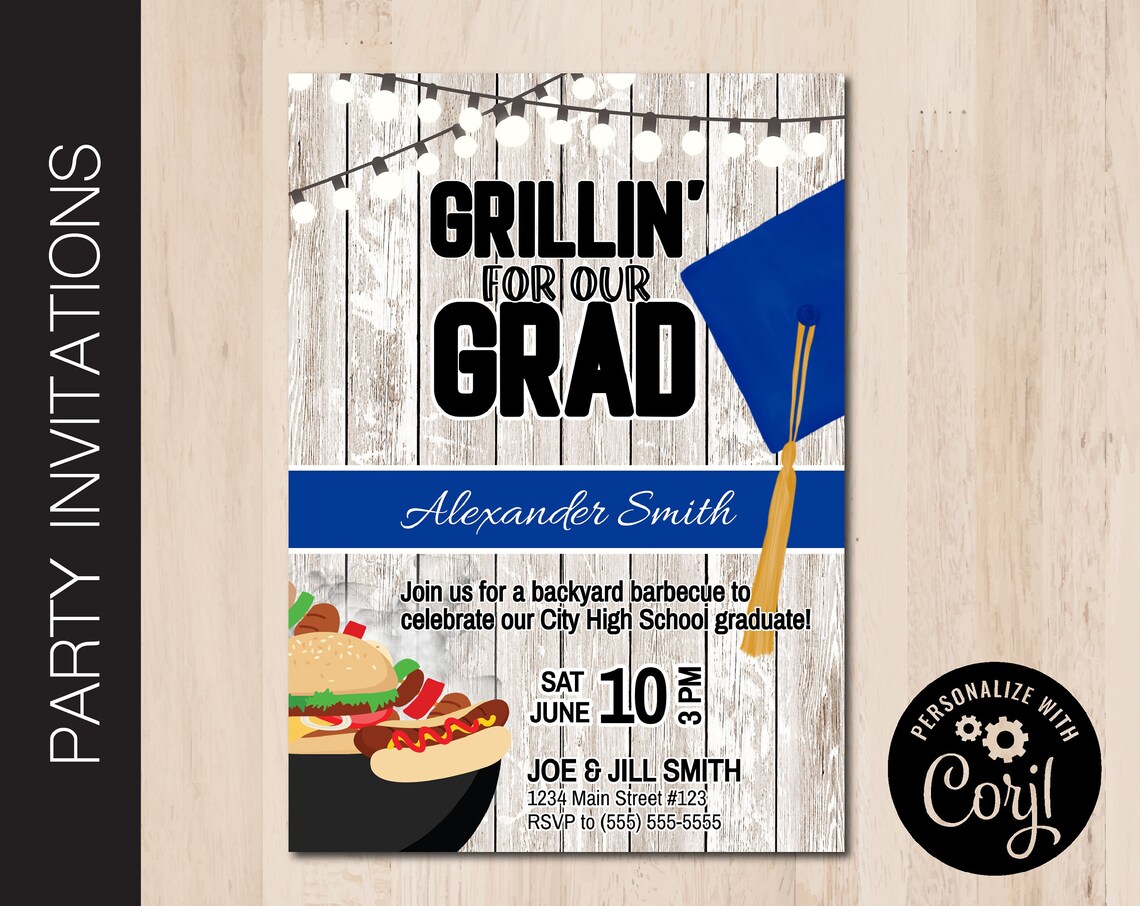 Editable GRILL for GRAD Party Invitation Graduation Barbecue BBQ Invite ...