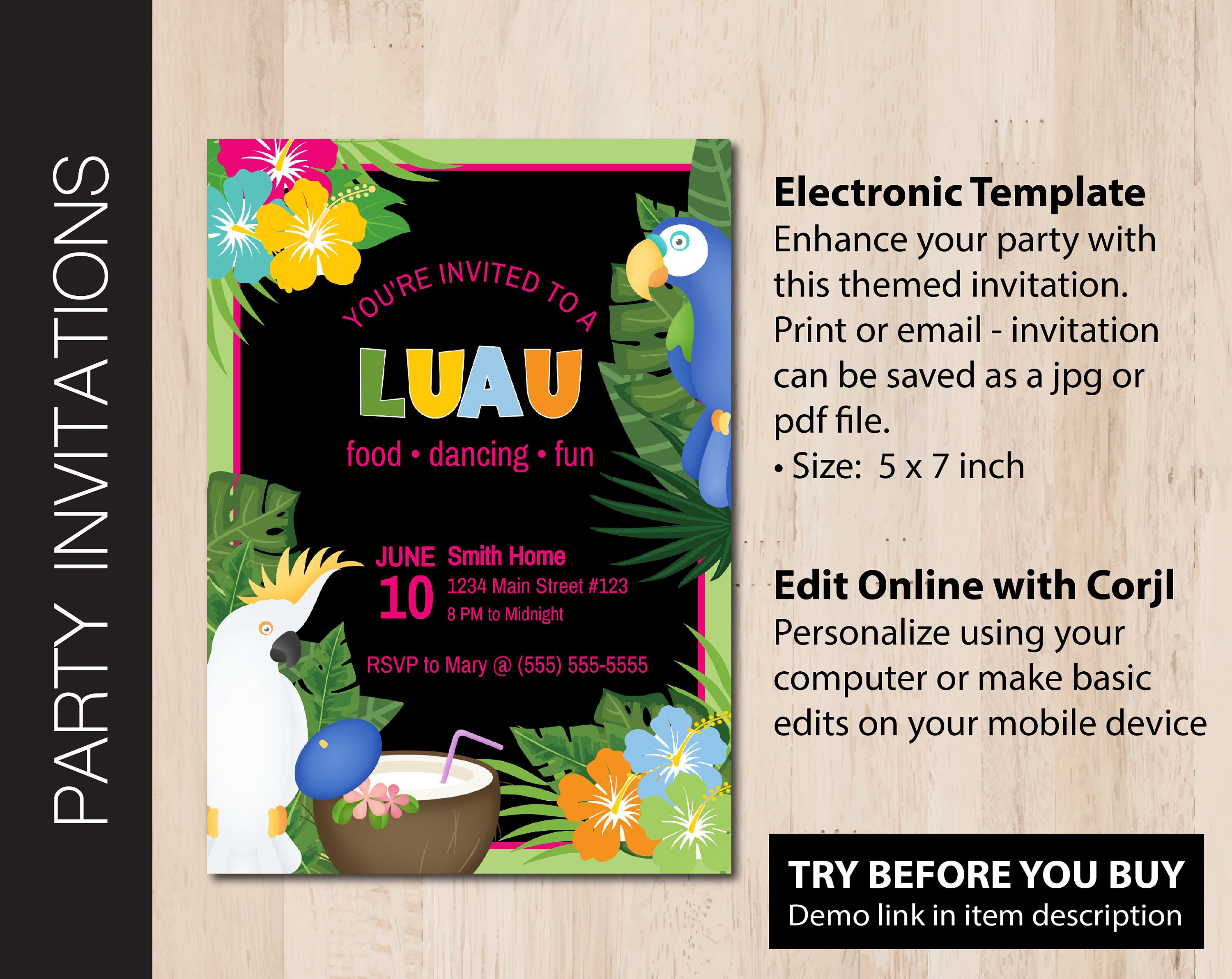 Editable LUAU Party Invitation | Hawaiian Party Invite | Tropical ...