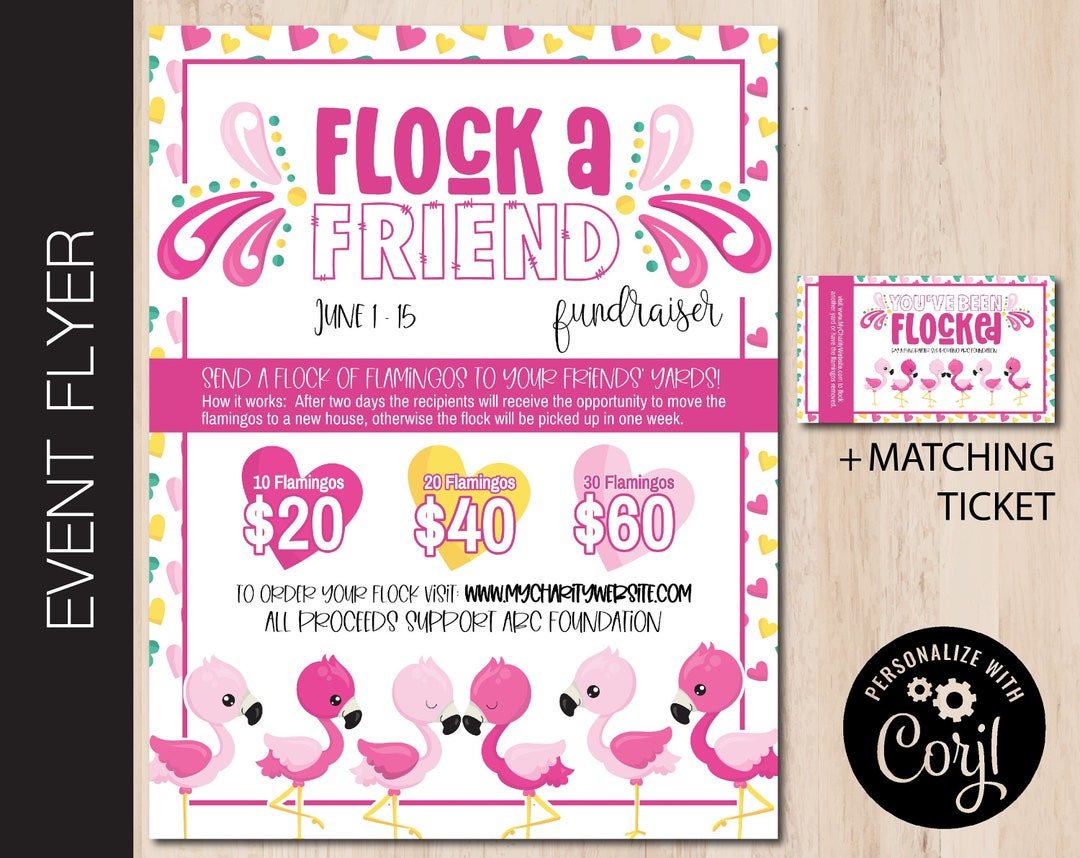 Editable Flock a Friend Fundraiser Flyer | Custom Flamingo Yard Surprise | Flamingo Flocking ...