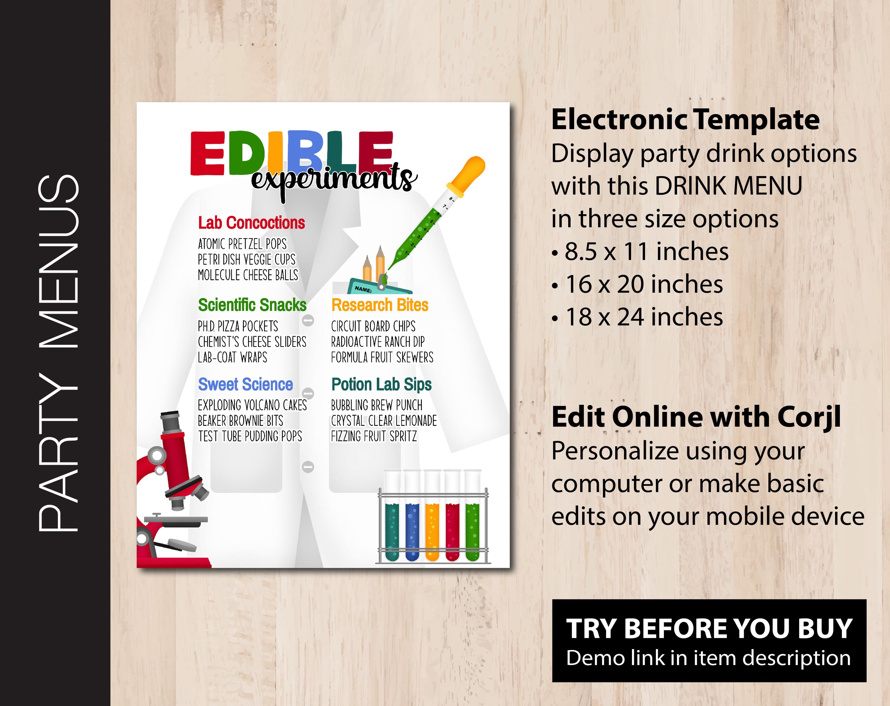 Editable SCIENCE Party Menu | Food Menu | Drink Sign | Concessions ...