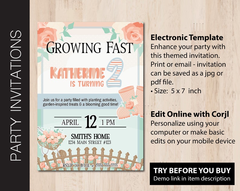 Editable GROWING FAST Party Invitation | Gardening Theme | Blooming ...