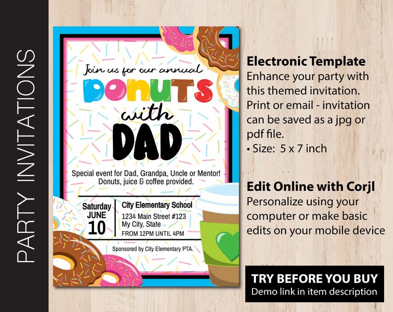 Editable DONUTS With DAD Invitation | Celebrate Fathers | Father's Day ...