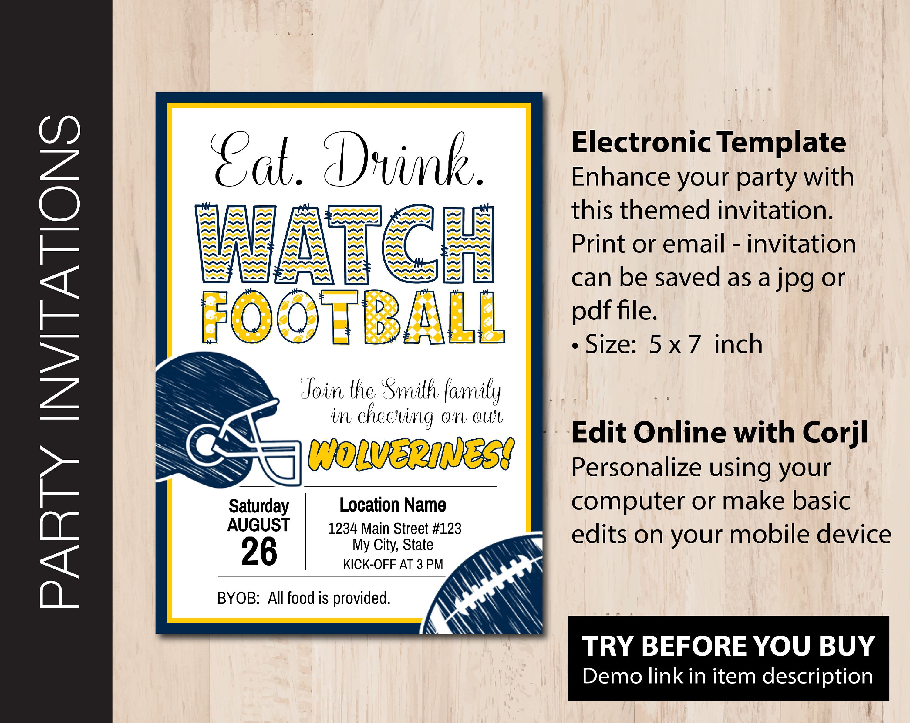 Editable FOOTBALL WATCH Party Invitation | Blue & Maize Colors | Game ...