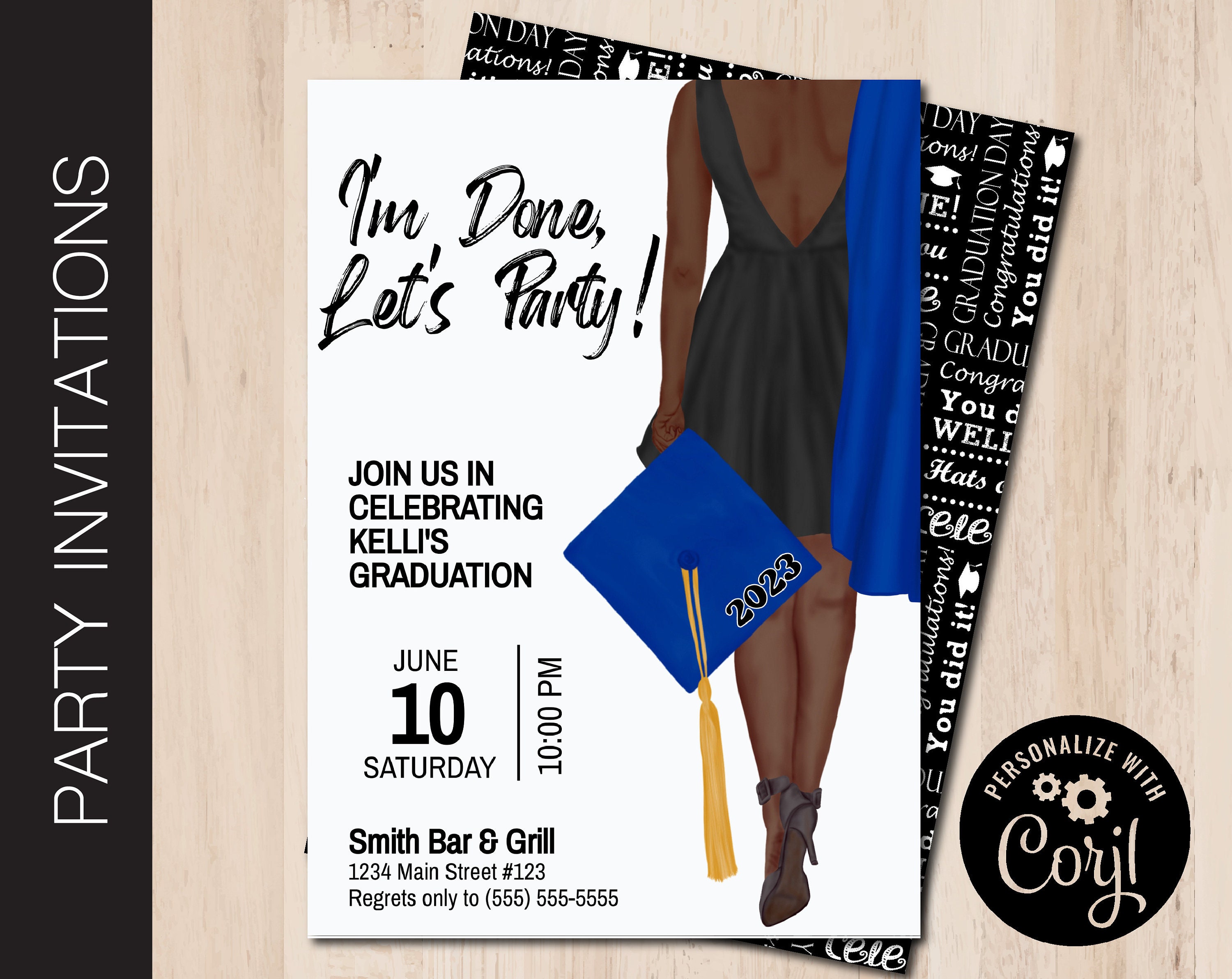 Editable GRADUATION Party Invitation Dark Skin Tone | Grad Celebration ...