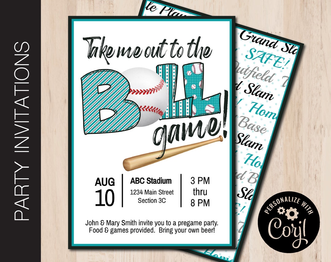 Editable TAILGATE Party Invitation Game Day Baseball Invite Teal ...
