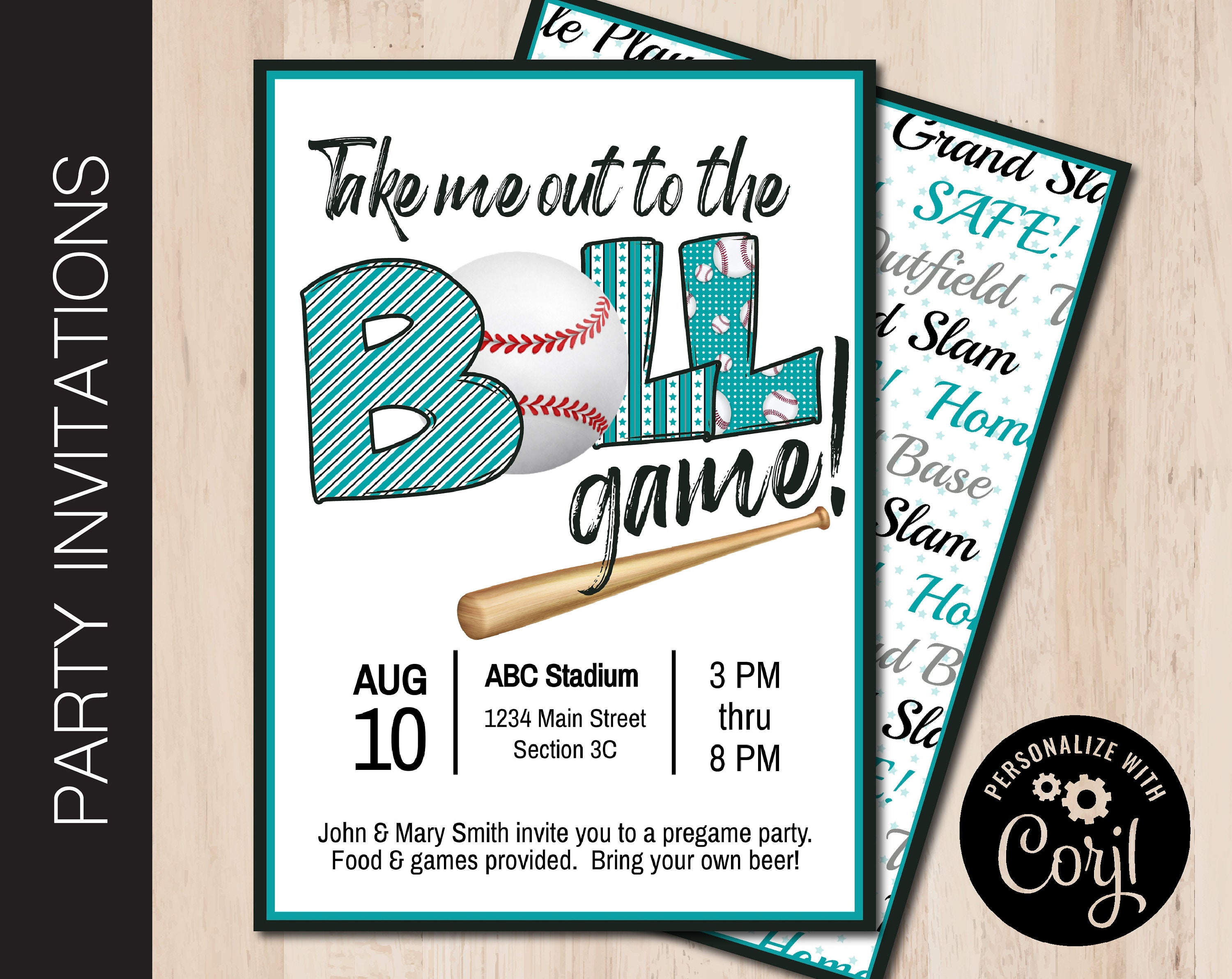 Editable TAILGATE Party Invitation Game Day Baseball Invite Teal ...