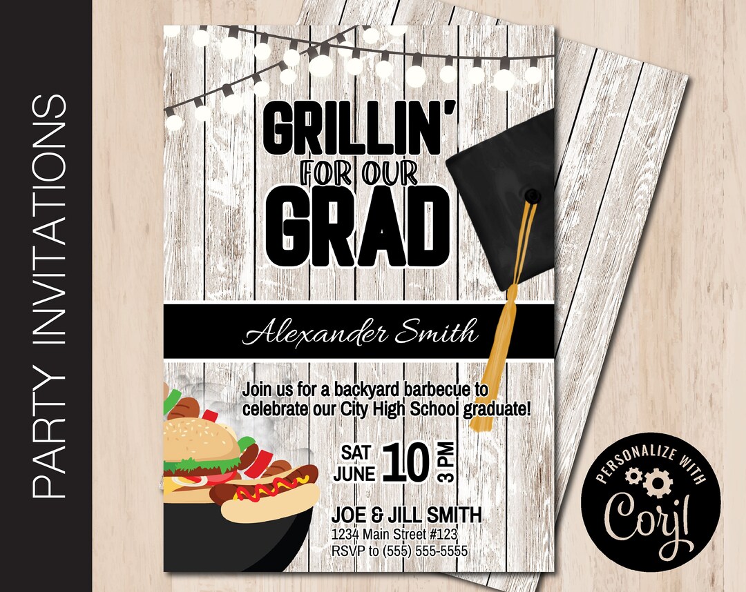 Editable GRILL for GRAD Party Invitation Graduation Barbecue BBQ Invite ...