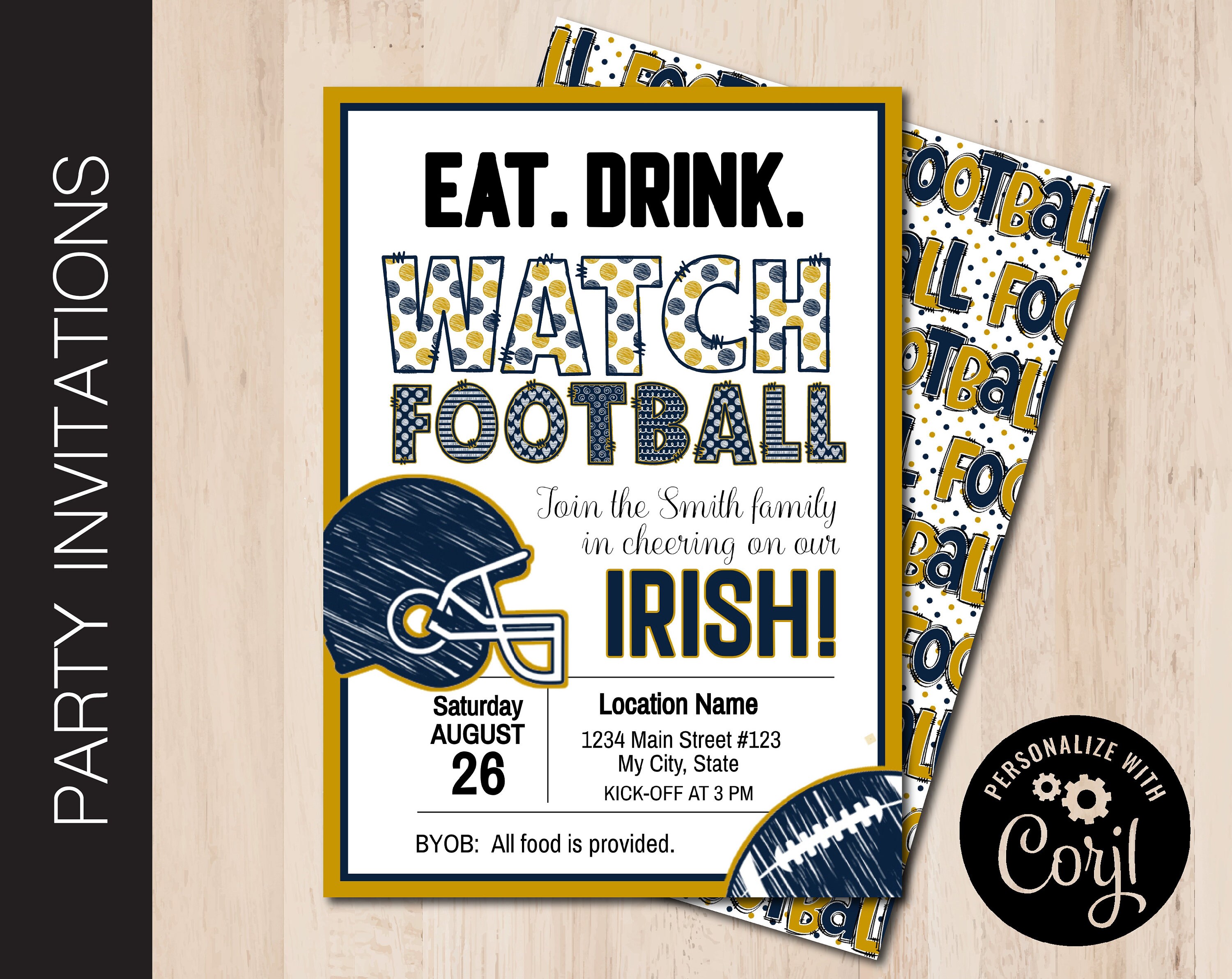 Editable FOOTBALL WATCH Party Invitation Blue & Gold Colors - Etsy