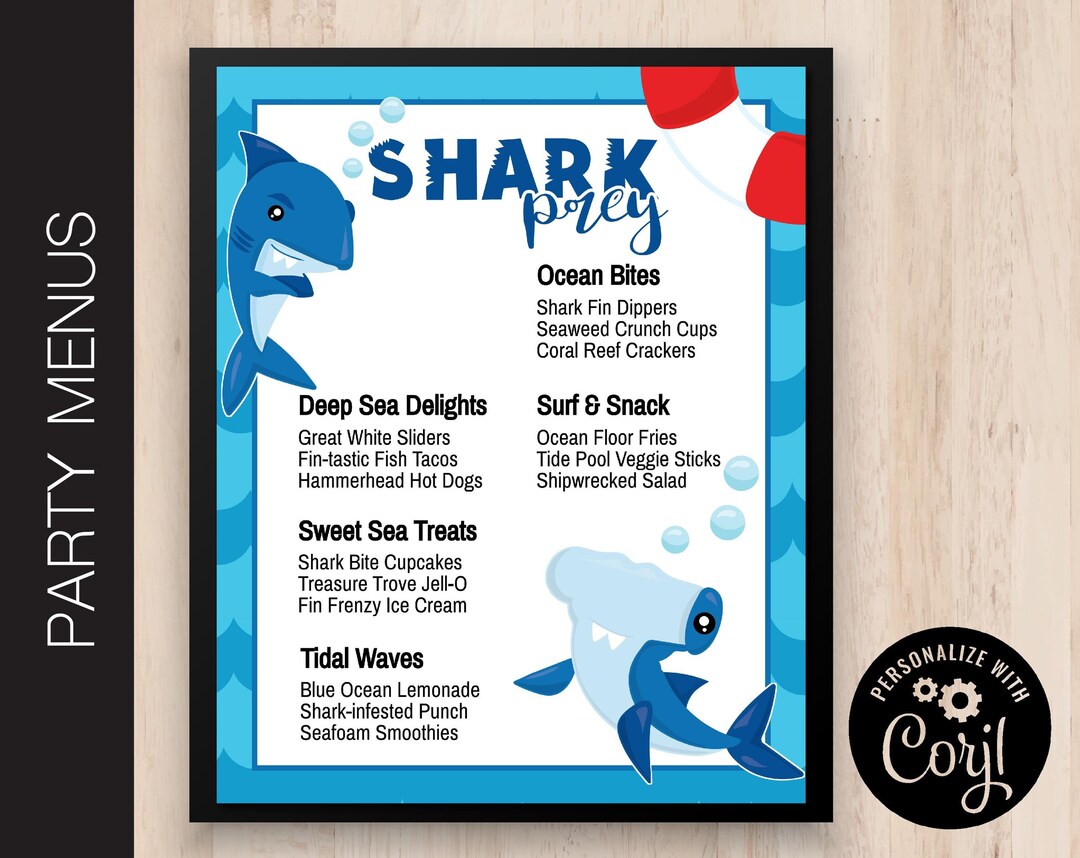 Editable SHARK Party Menu | Food Menu | Drink Sign | Concessions | Kid ...