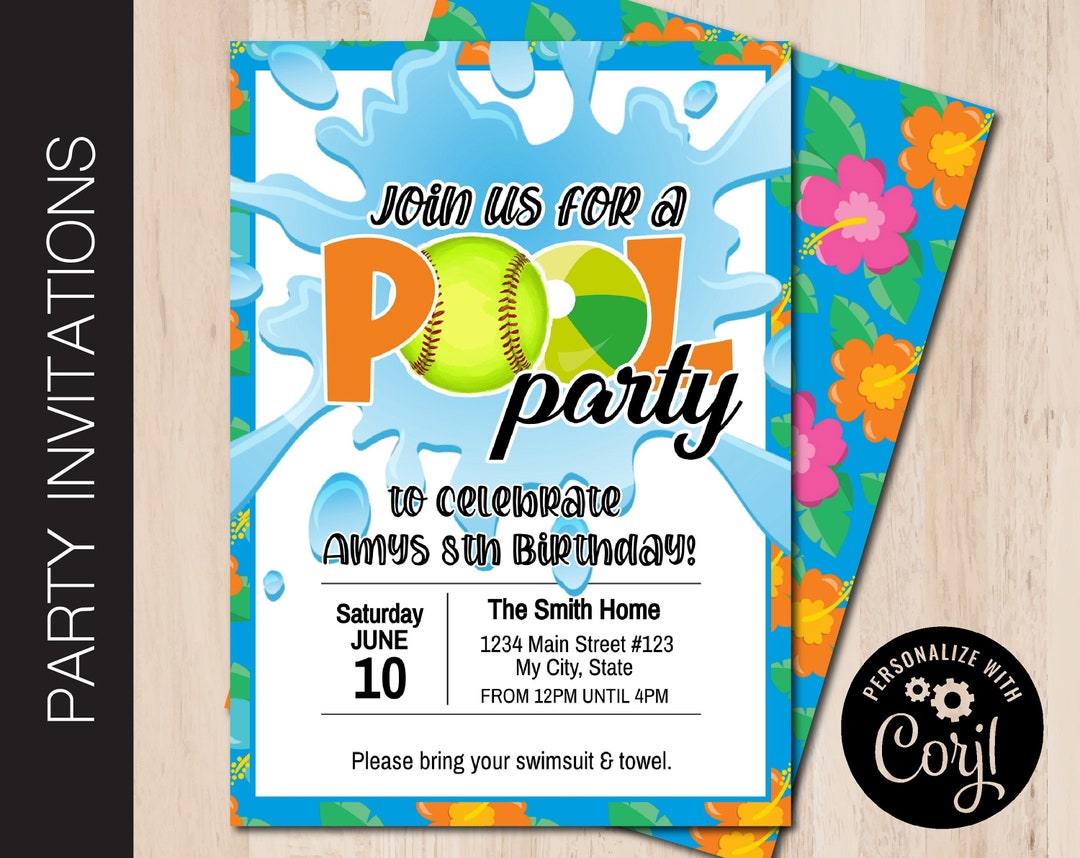 Editable SOFTBALL Themed Pool Party Invitation | Softball Party Invite ...