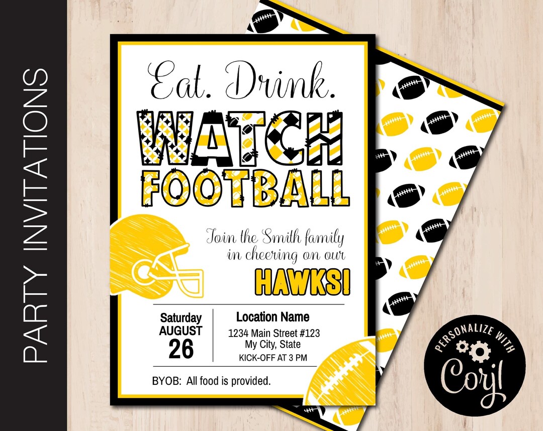 Editable FOOTBALL WATCH Party Invitation | Black & Gold Game Day ...