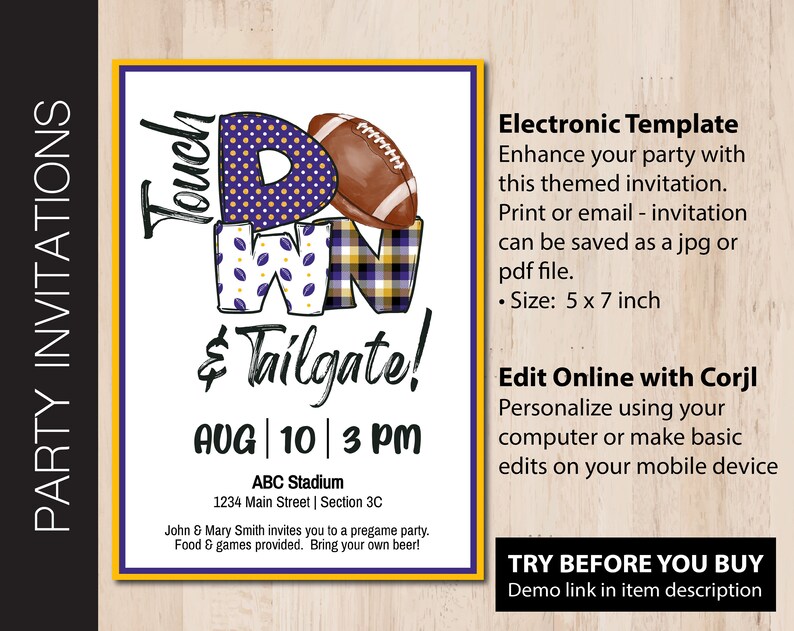 Editable TAILGATE Party Invitation Football Tailgate Football Invite ...