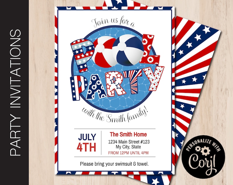 Editable PATRIOTIC POOL Party Invitation | July 4th | Memorial Day ...