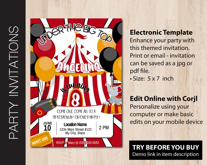 Editable CIRCUS Party Invitation | Big Top | Kids Party | Circus ...