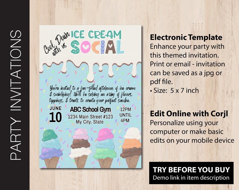 Editable ICE CREAM Social Party Invitation PTA Fundraiser - Etsy