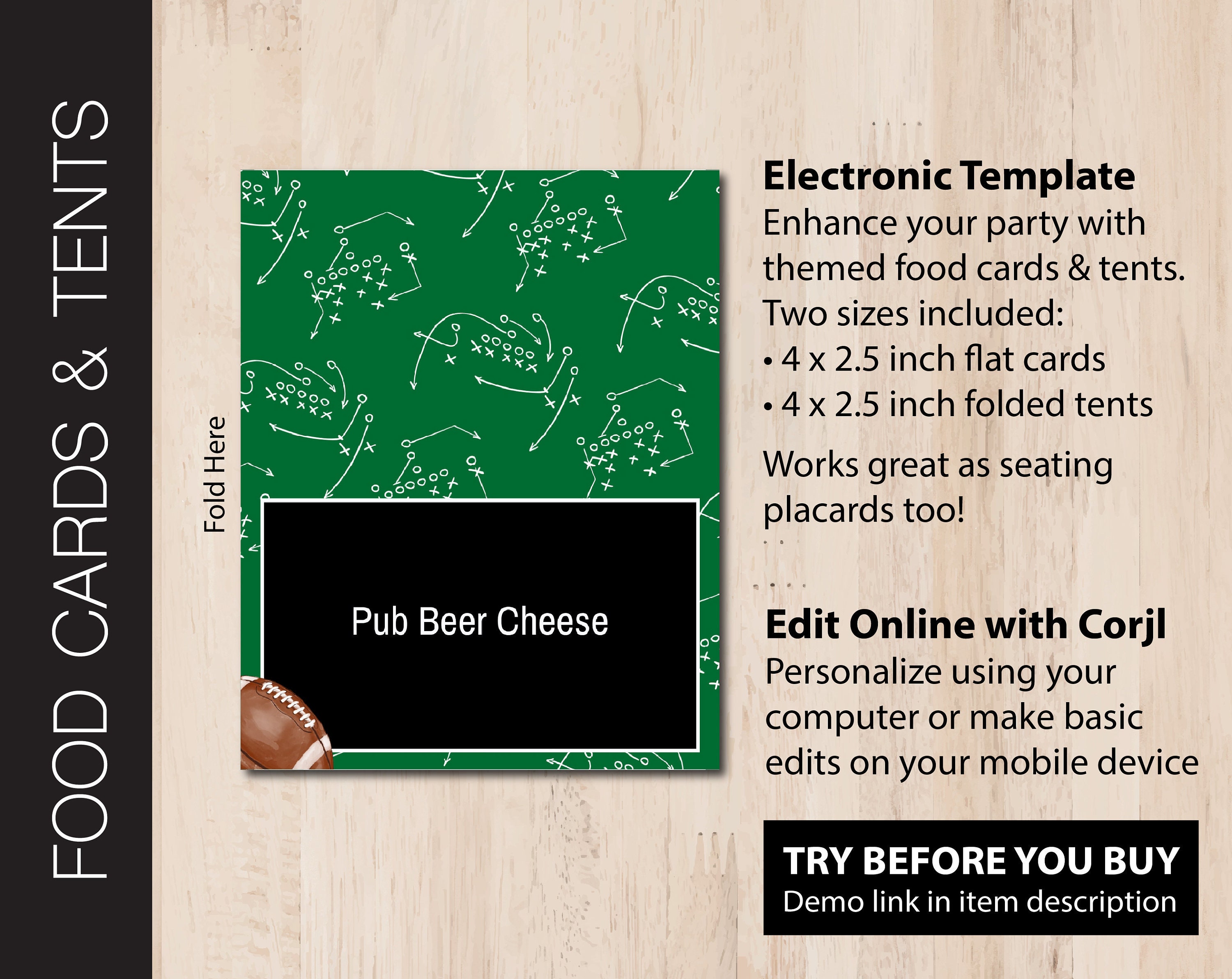 Editable FOOTBALL Party Food Label Tents Game Day Food Placards Big ...