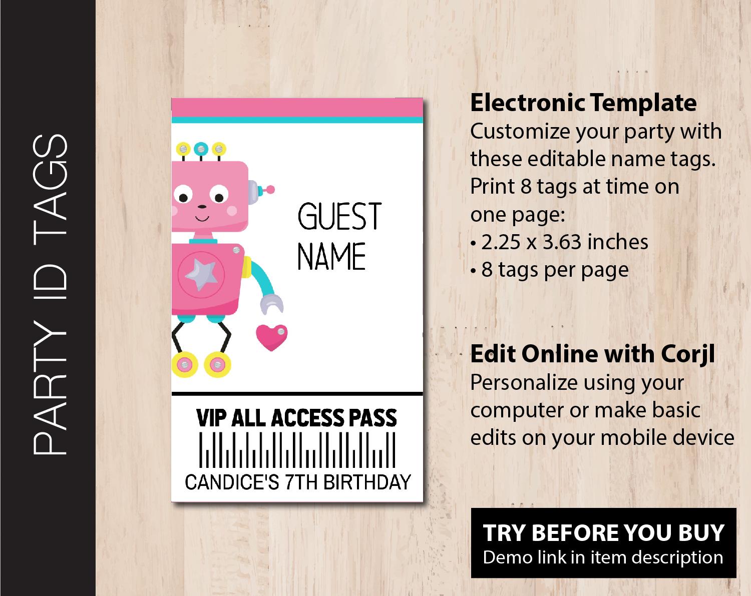 Editable ROBOTICS Party ID Tag | Vip All Access Pass | ID Badge | Name ...