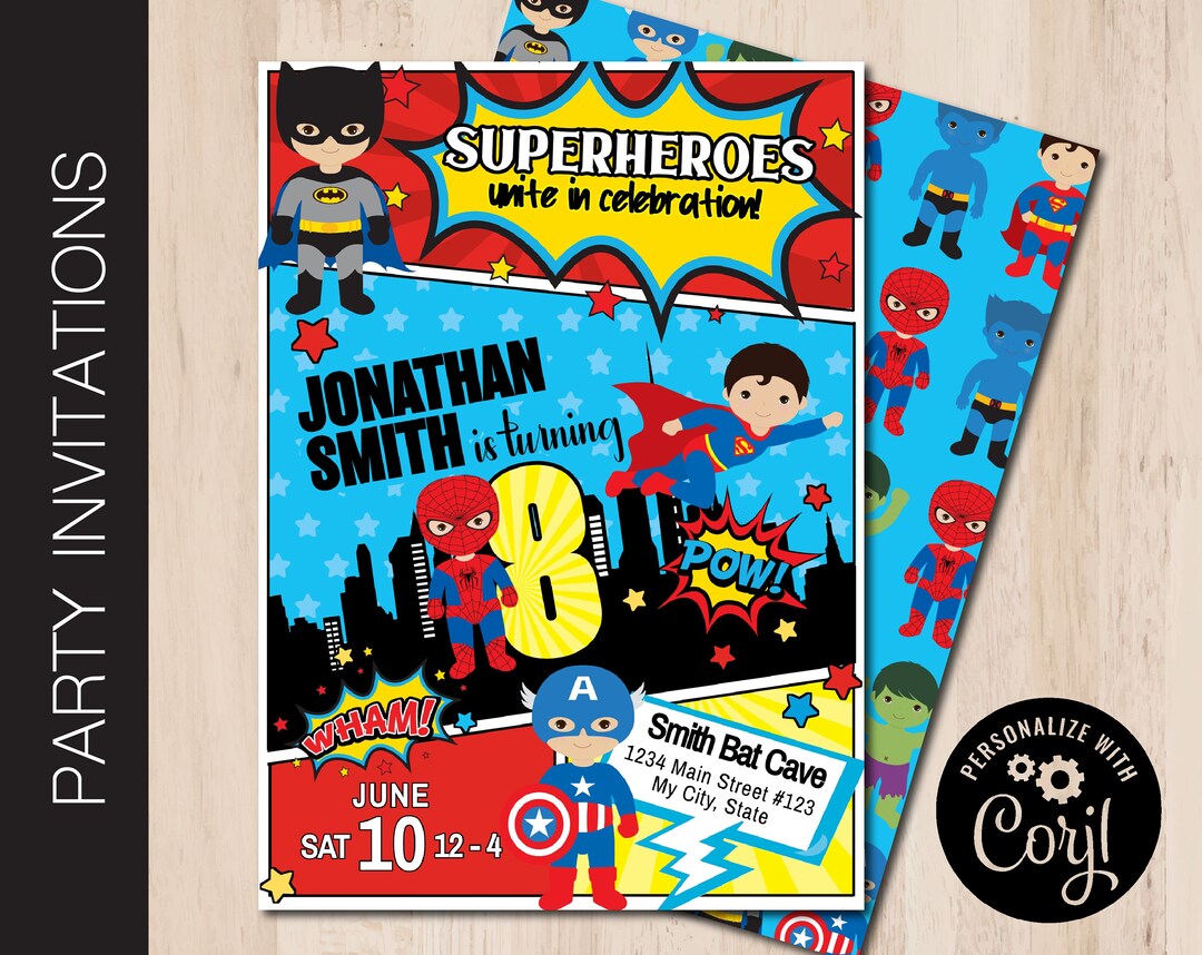 Editable SUPERHEROES BIRTHDAY Party Invitation Kids Birthday Heroes ...