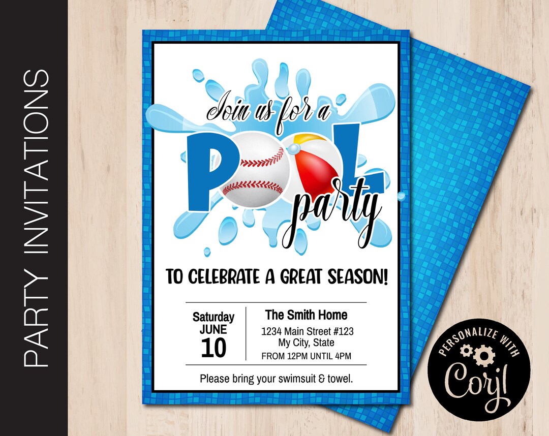 Editable BASEBALL Themed Pool Party Invitation Baseball Party Invite ...