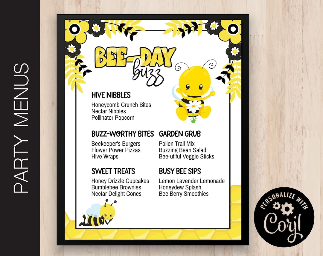 Editable BEE-DAY Party Menu | Beehive Food Menu | Drink Sign ...