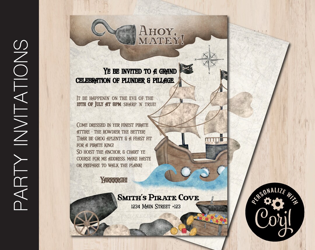 Editable PIRATE PARTY Invitation Plunder Party Adult Party Invite Ahoy ...