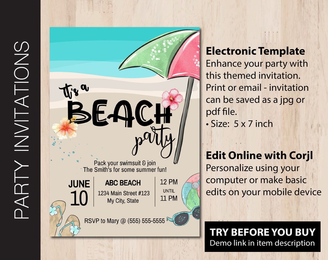 Editable BEACH Party Invitation | Bonfire | Summer Fun | Beach ...