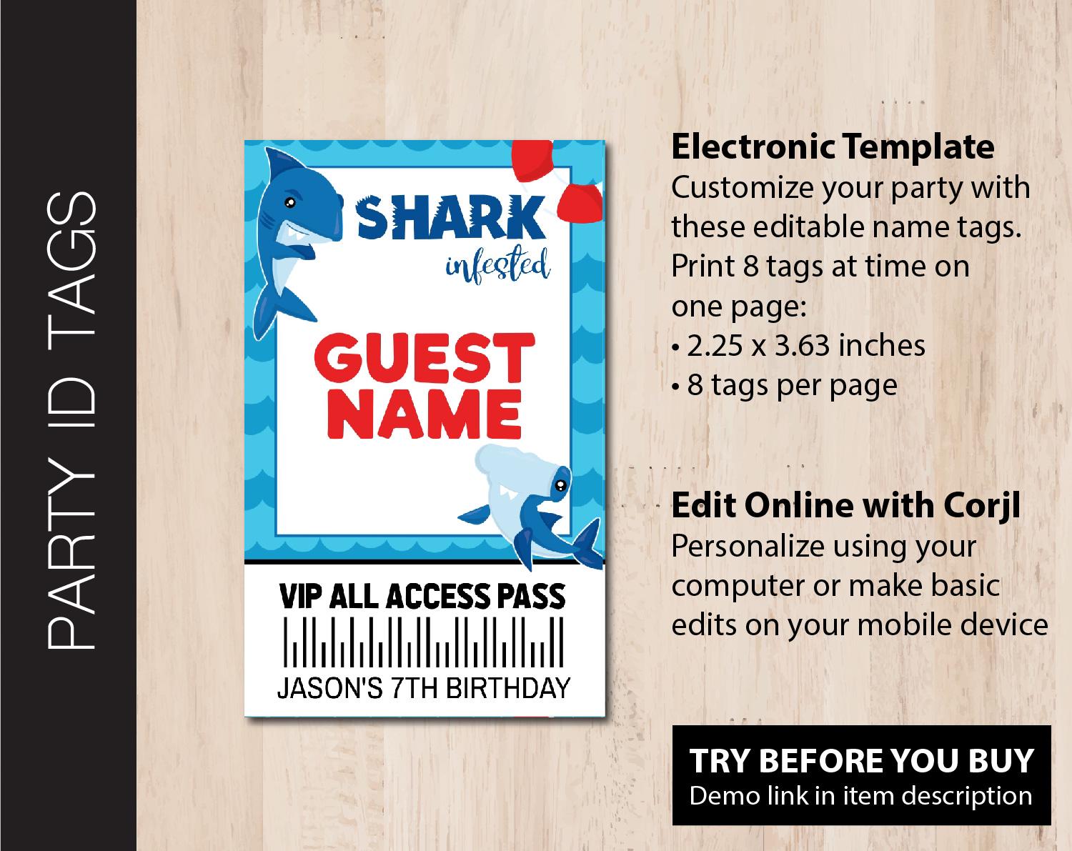 Editable SHARK Party ID Tag | Vip All Access Pass | ID Badge | Name Tag ...