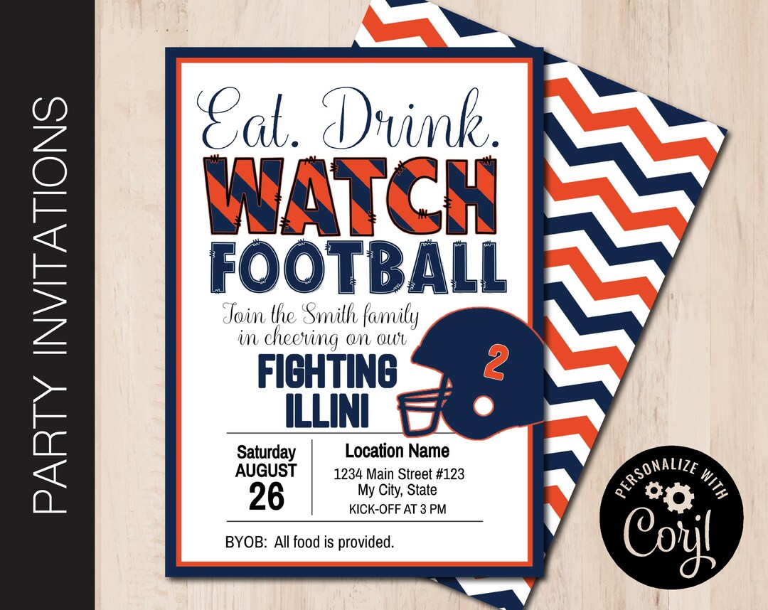 Editable FOOTBALL WATCH Party Invitation | Navy Blue & Orange Colors ...