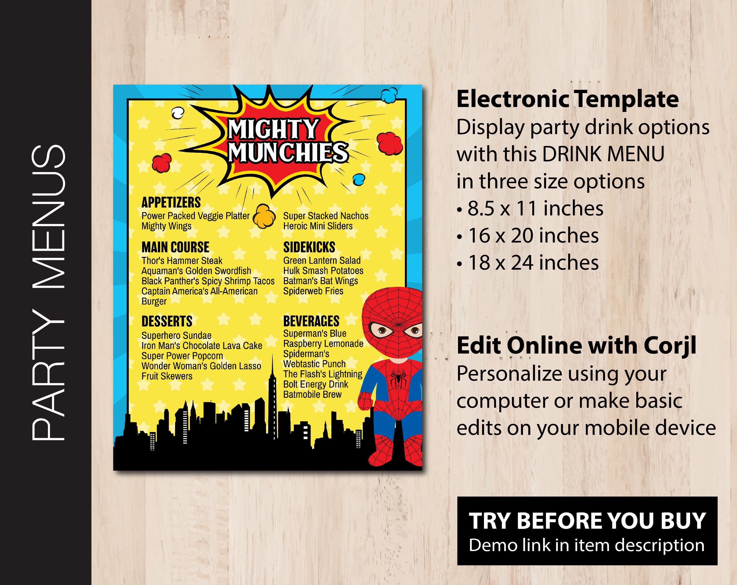 Editable Superhero Birthday Party Menu | Food Menu | Drink Sign | Kid ...