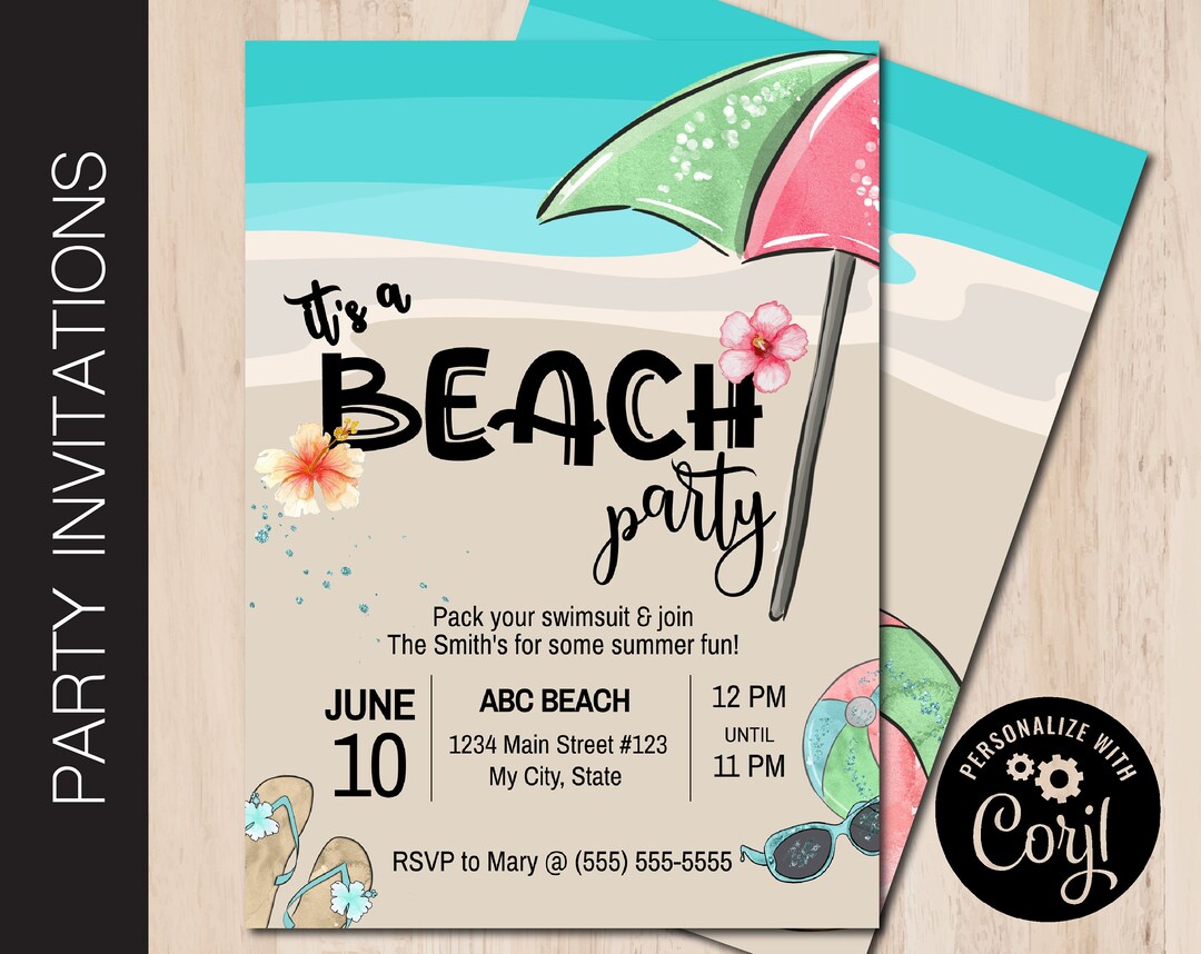 Editable BEACH Party Invitation Bonfire Summer Fun Beach Celebration ...