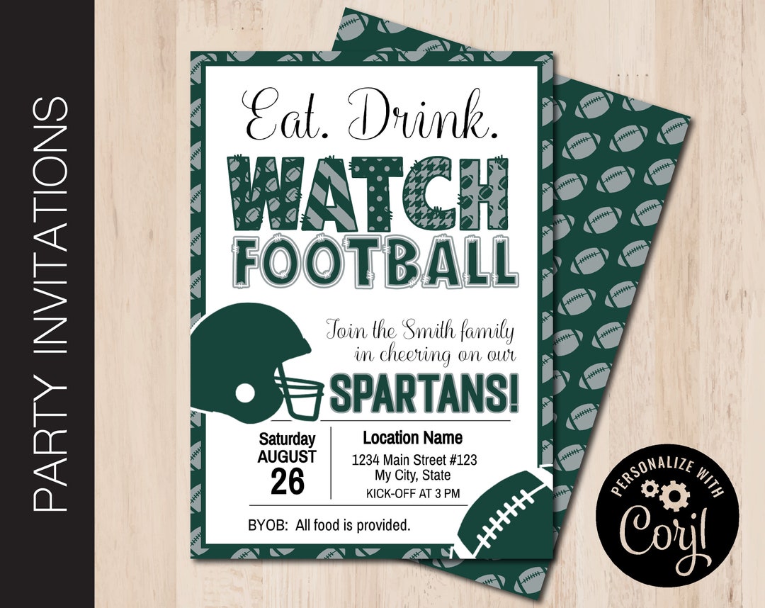 Editable FOOTBALL WATCH Party Invitation | Green & White Colors | Game ...