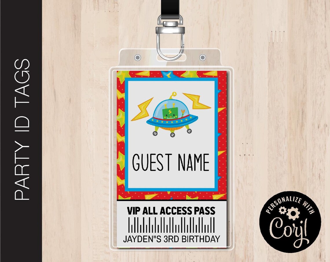 Editable TOY ROBOT Party ID Tag | Vip All Access Pass | Id Badge | Name ...
