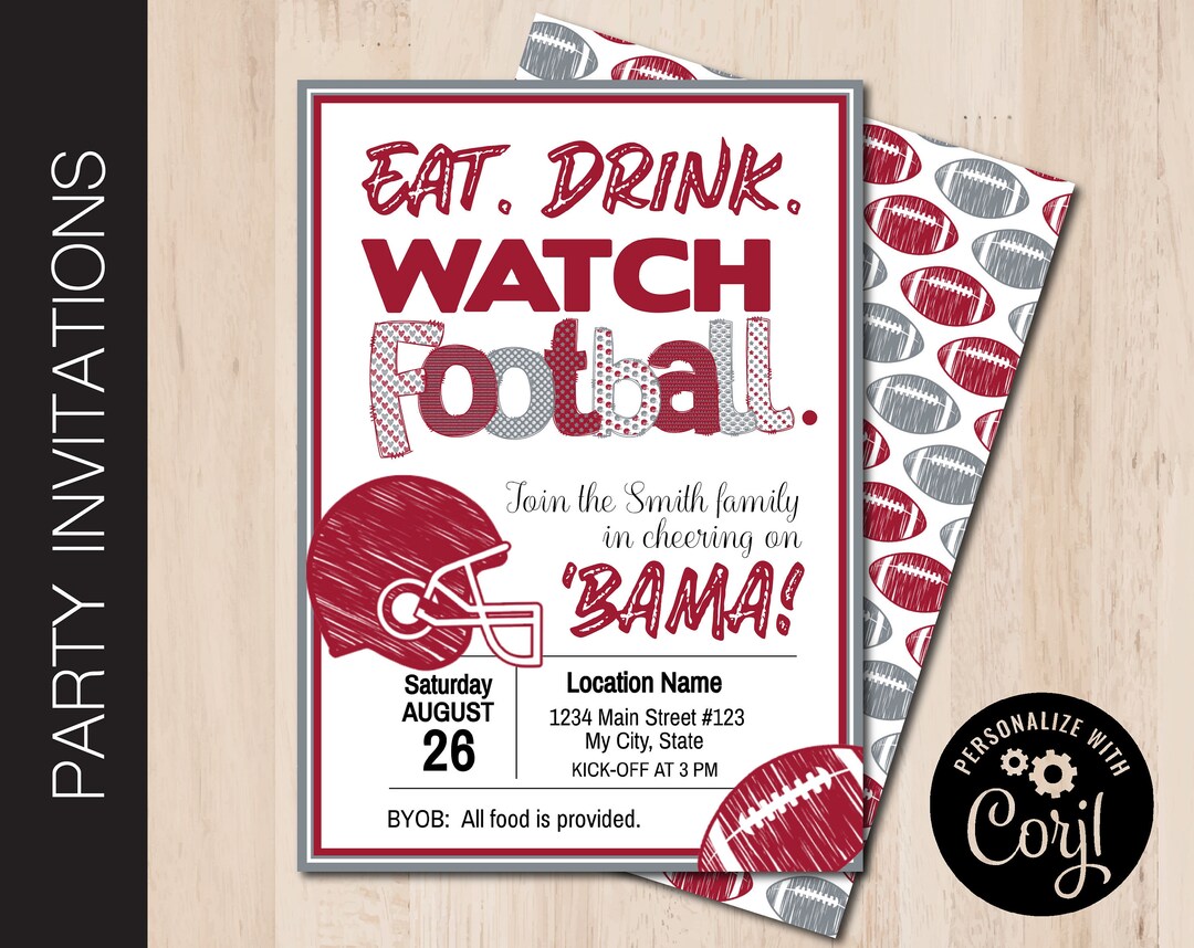Editable FOOTBALL WATCH Party Invitation | Crimson & Gray Colors | Game ...